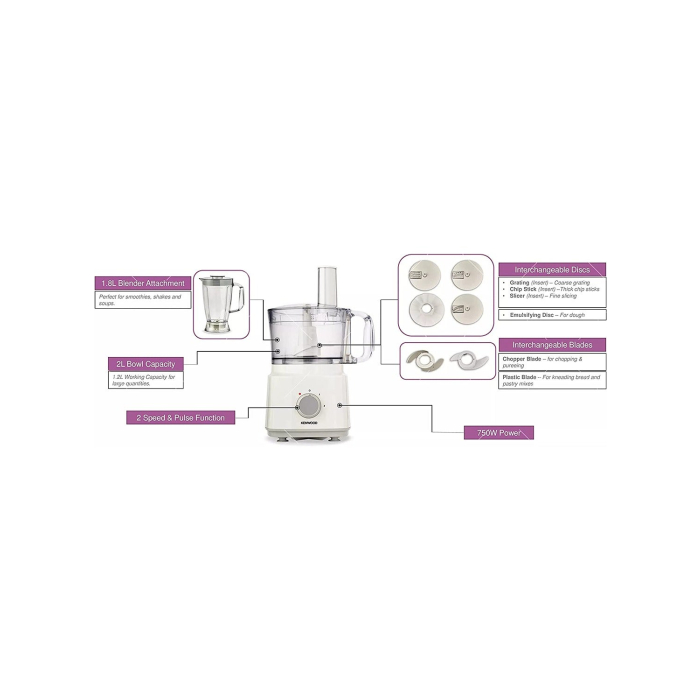 Kenwood Essentials Food Processor, 2 Liter, 750 Watt, White - FDP03.COWH